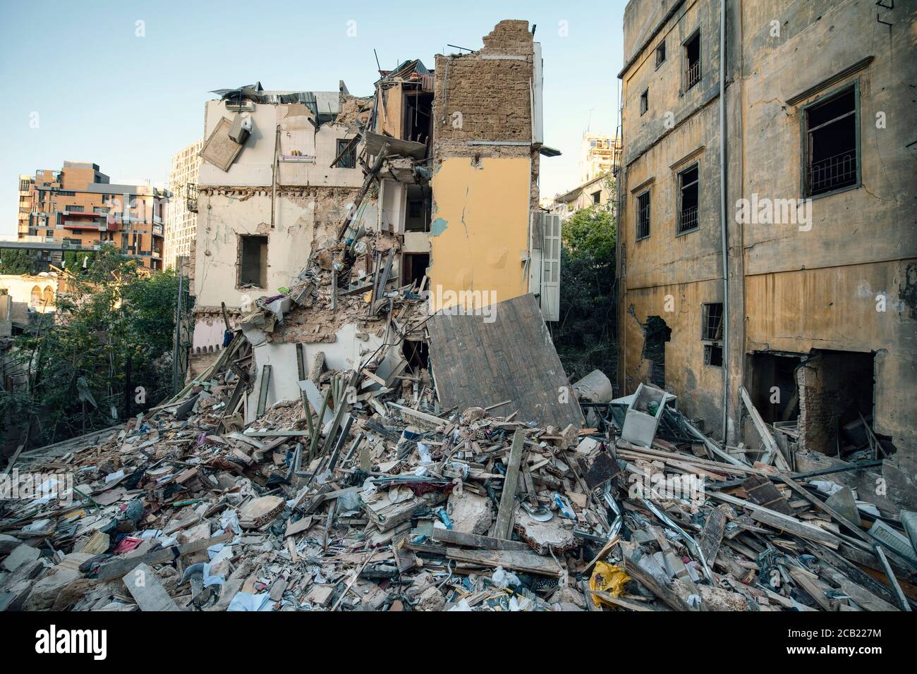 Beirut, Lebanon - August 05 2020: View of destroyed buildings as the ...