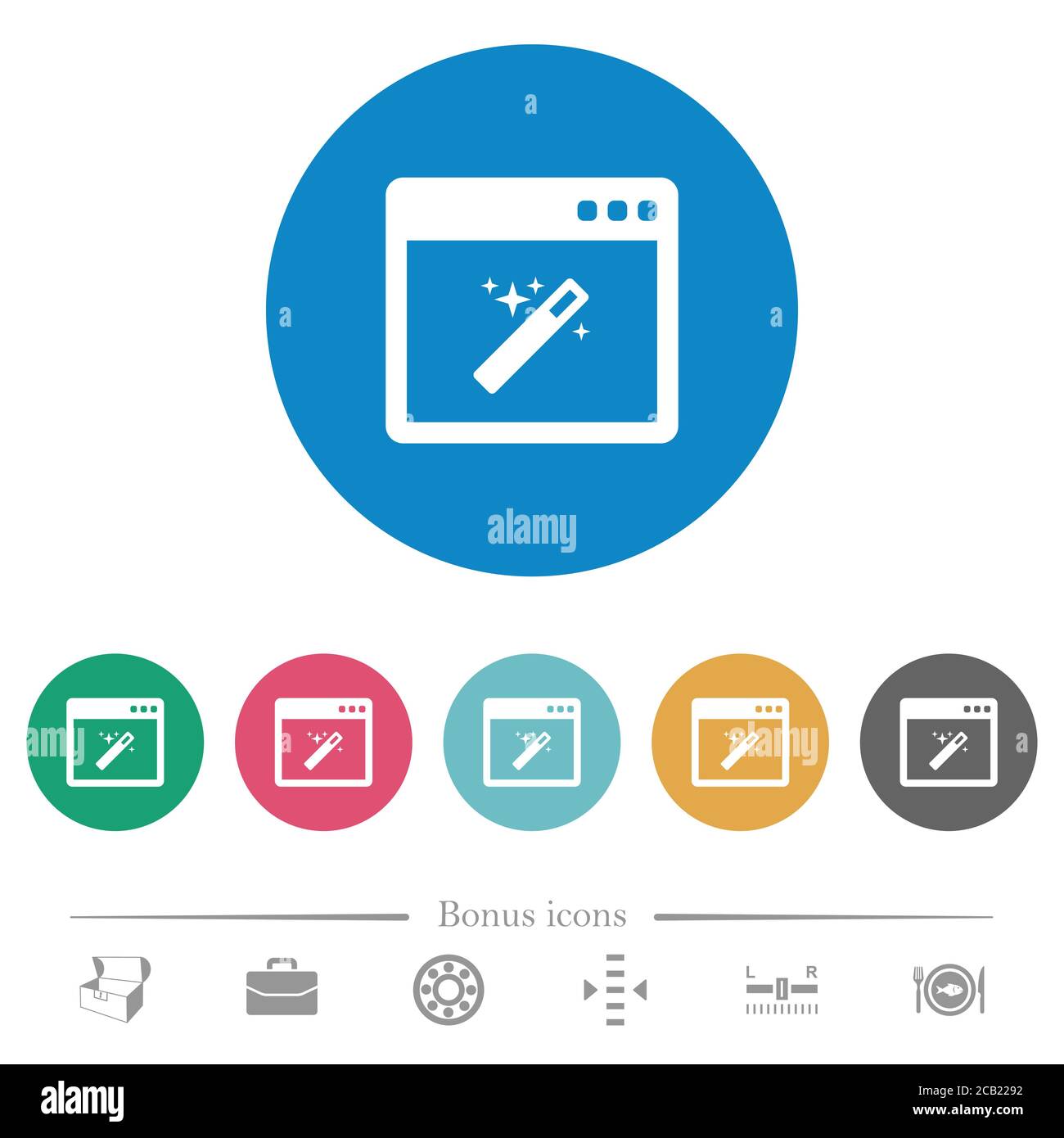 Application wizard flat white icons on round color backgrounds. 6 bonus ...