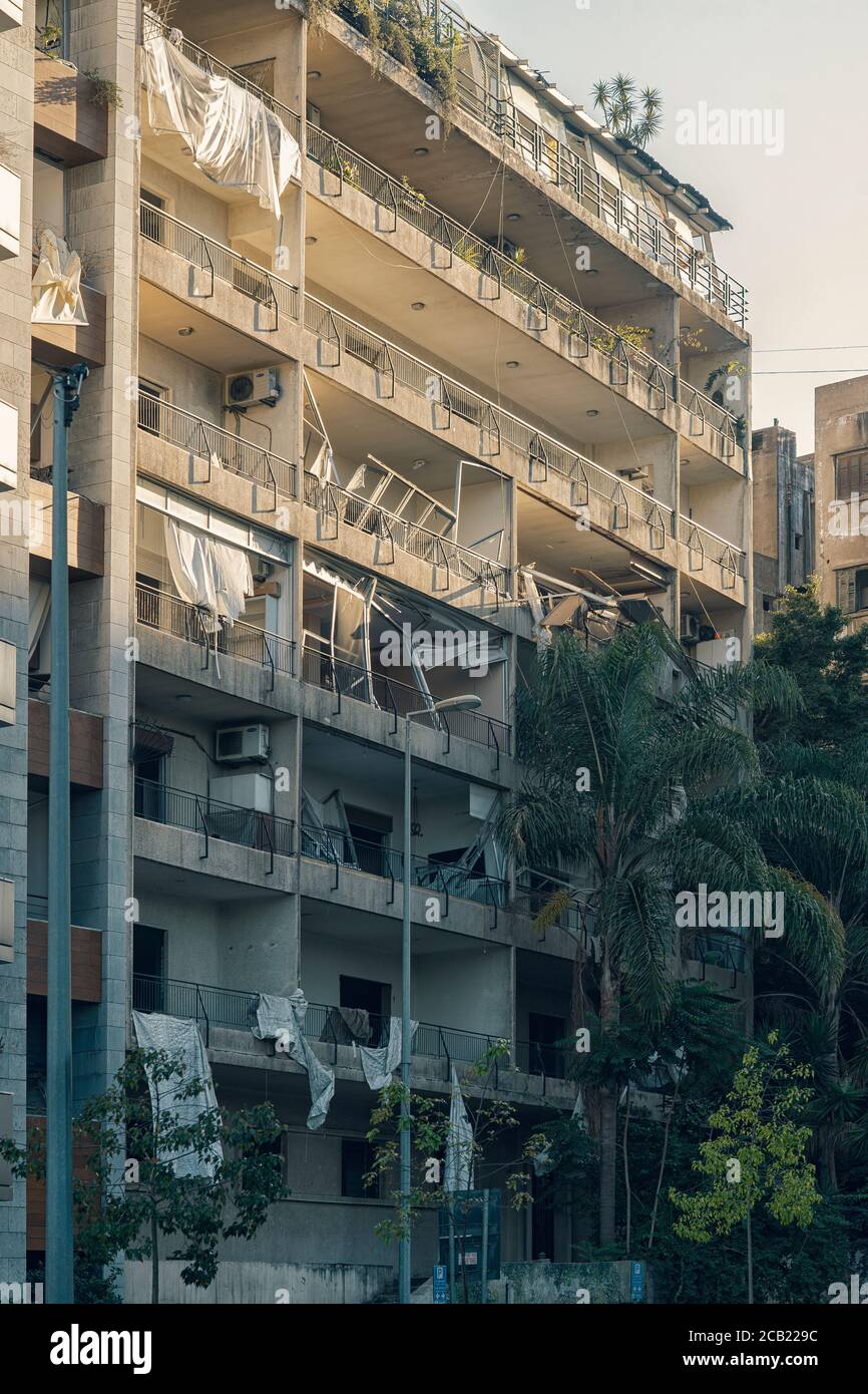 Beirut, Lebanon - August 05 2020: View of destroyed buildings as the ...