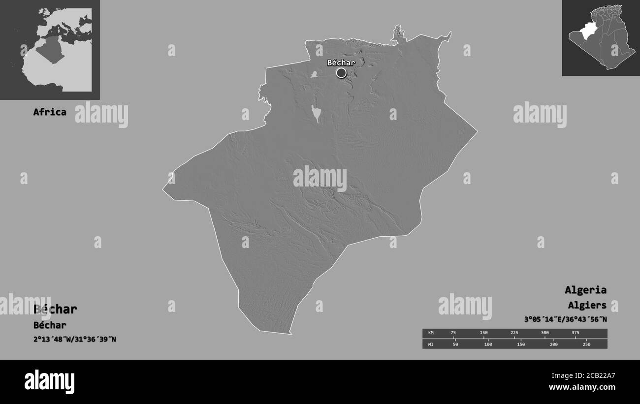 Shape of Béchar, province of Algeria, and its capital. Distance scale ...