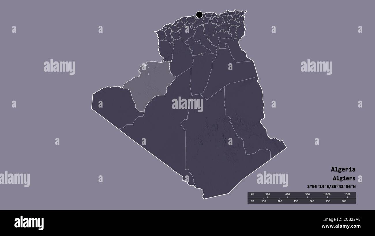 Desaturated shape of Algeria with its capital, main regional division ...