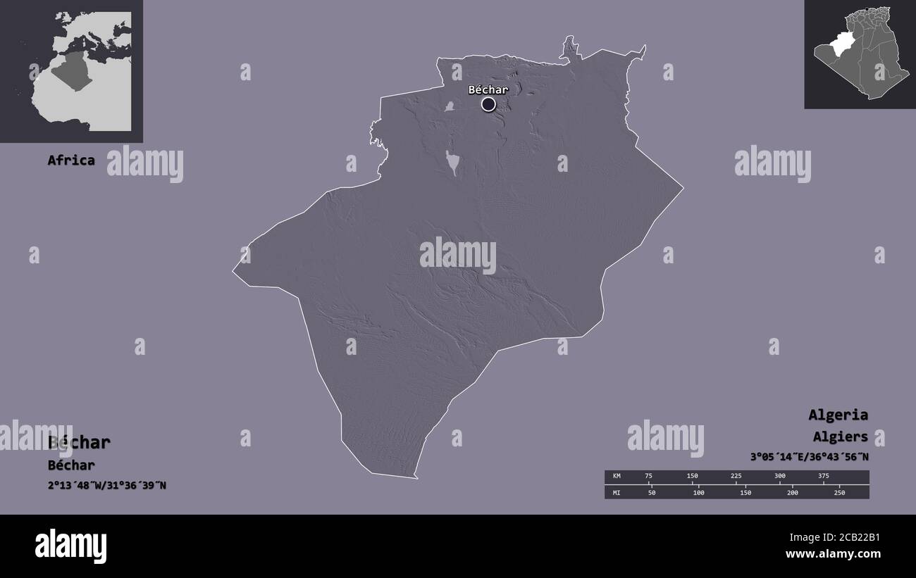 Shape of Béchar, province of Algeria, and its capital. Distance scale ...