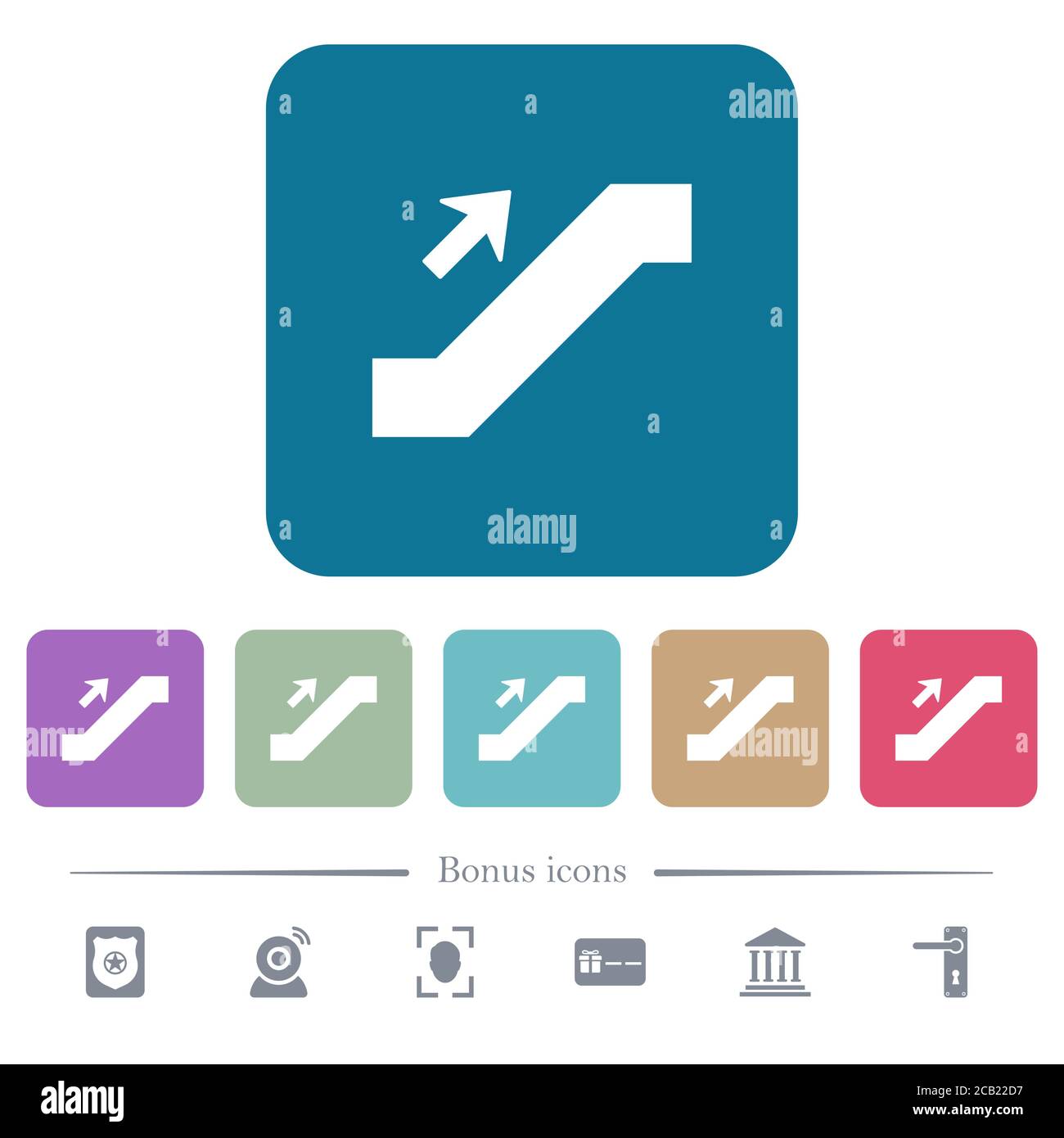 Escalator up sign white flat icons on color rounded square backgrounds. 6 bonus icons included ...