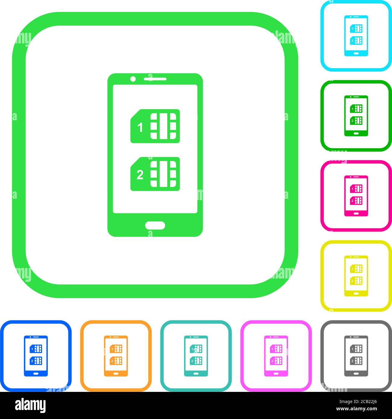 Dual SIM mobile vivid colored flat icons in curved borders on white ...