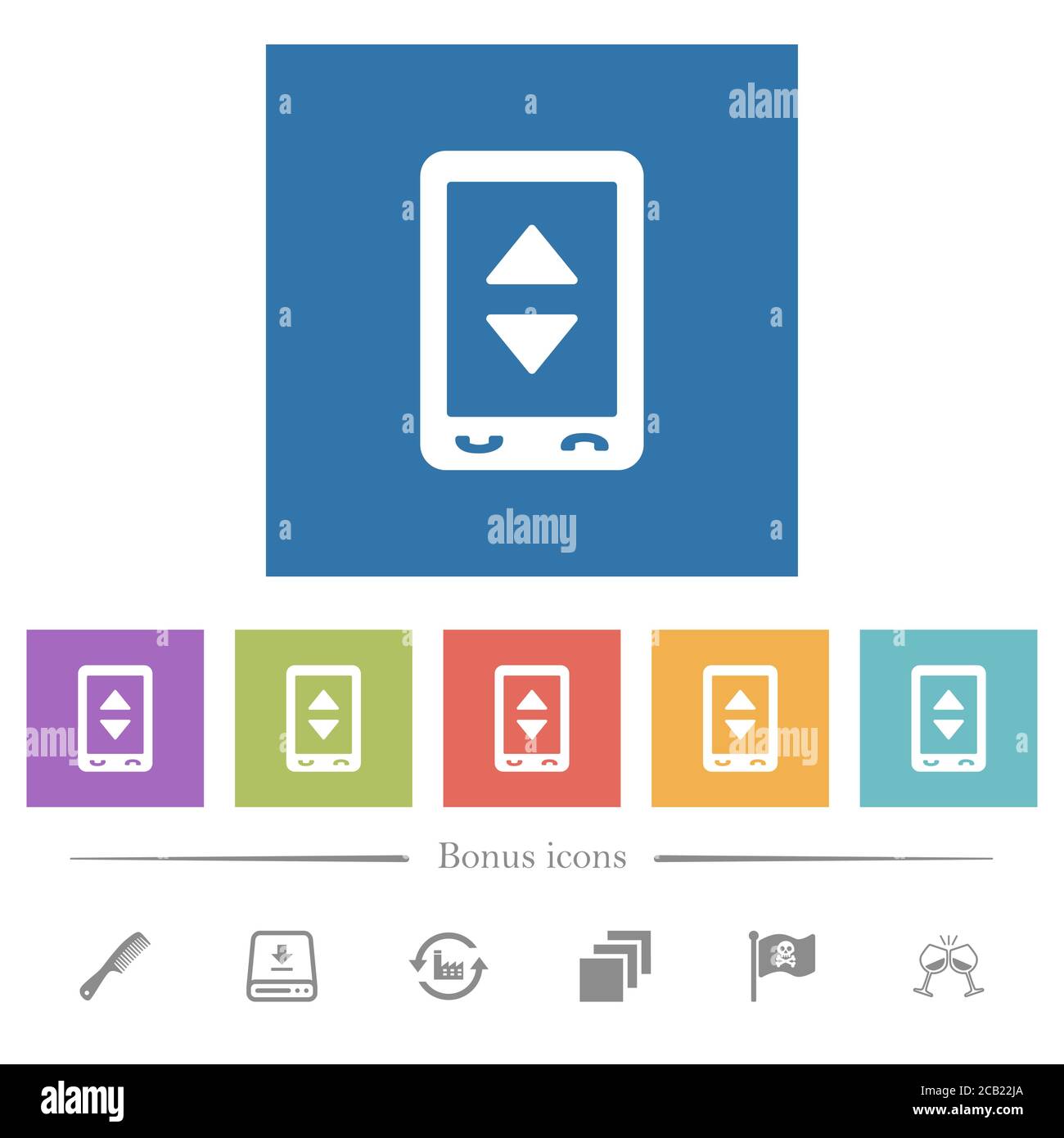 Mobile adjust settings flat white icons in square backgrounds. 6 bonus ...