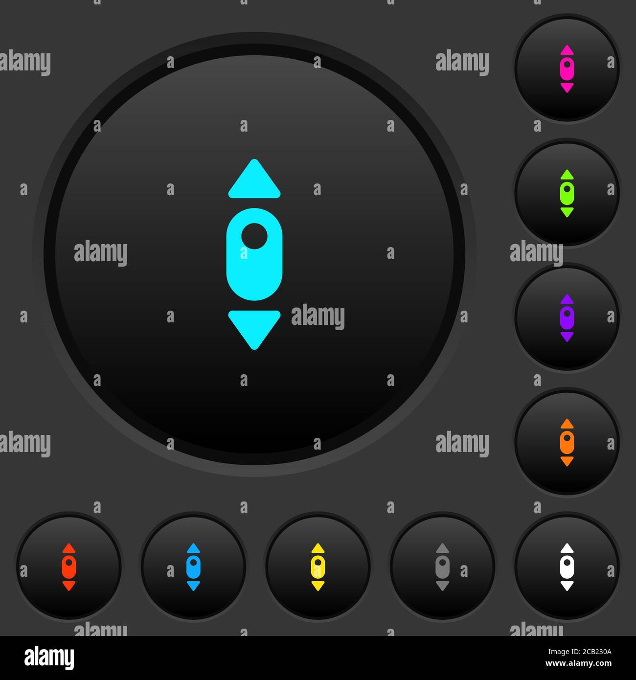 Mouse scroll up dark push buttons with vivid color icons on dark grey ...
