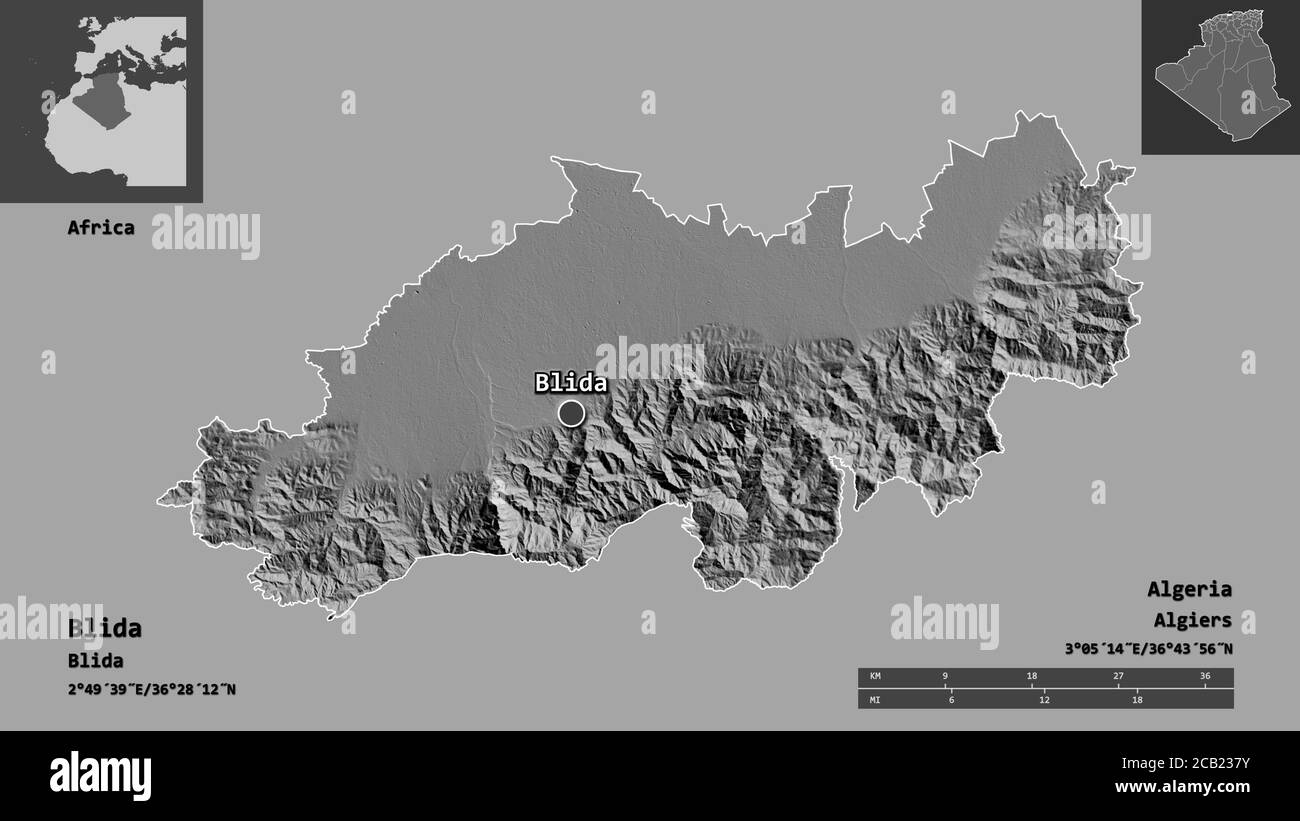 Shape of Blida, province of Algeria, and its capital. Distance scale ...