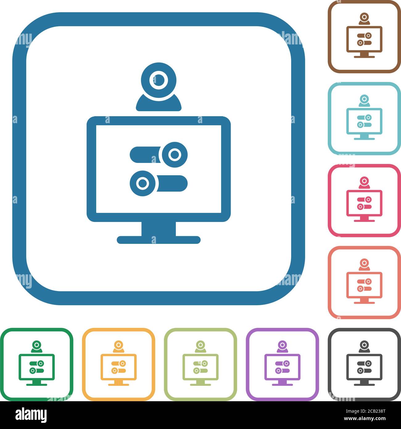 Webcam tweaking simple icons in color rounded square frames on white ...