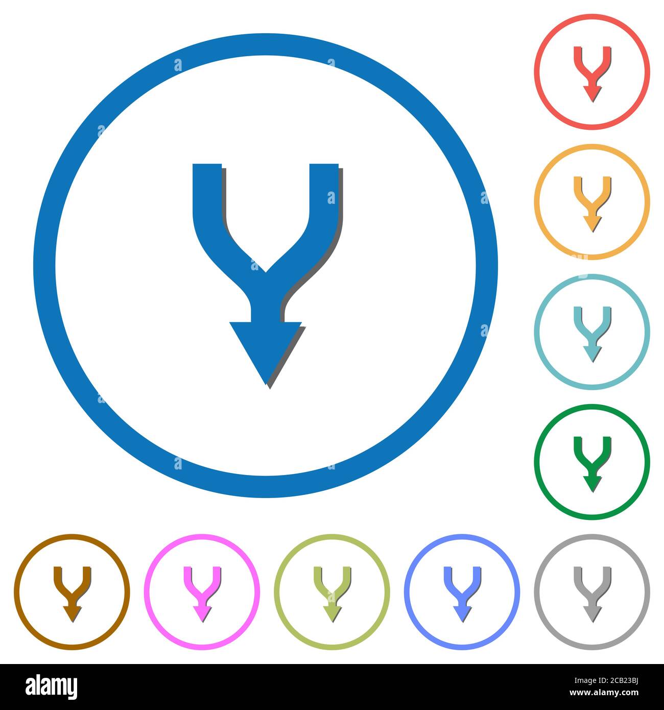 Merge arrows down flat color vector icons with shadows in round ...