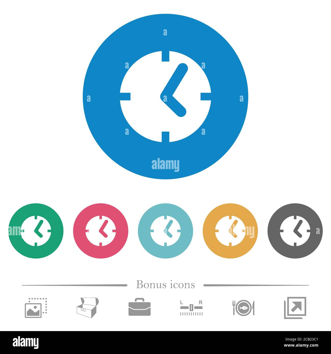 Clock flat white icons on round color backgrounds. 6 bonus icons ...