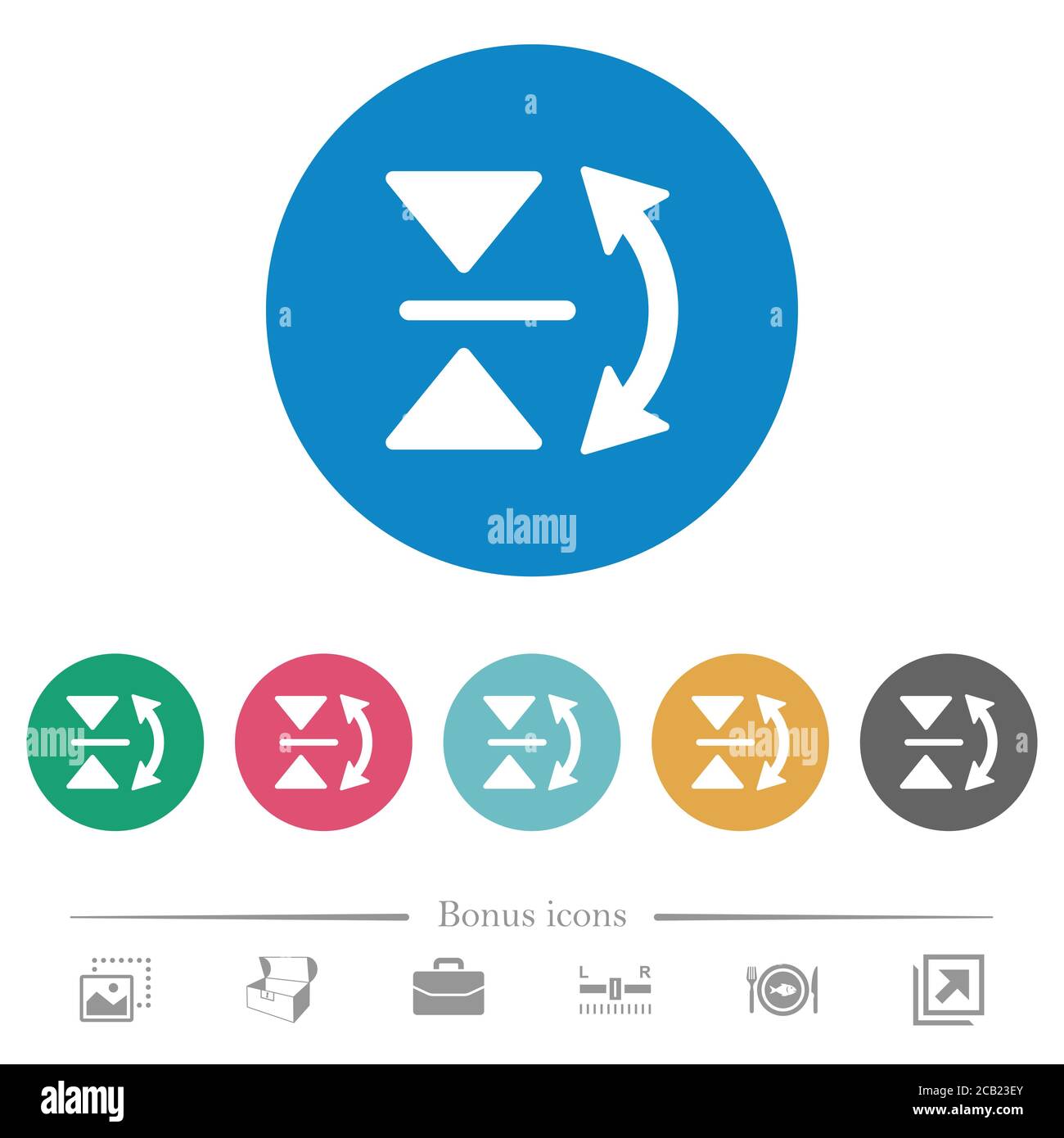 Vertical flip flat white icons on round color backgrounds. 6 bonus ...