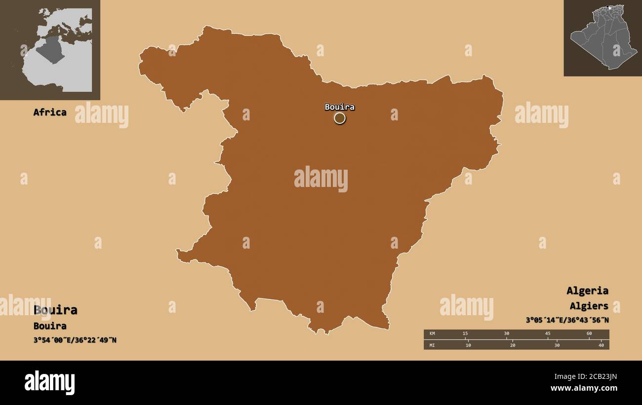 Shape of Bouira, province of Algeria, and its capital. Distance scale ...