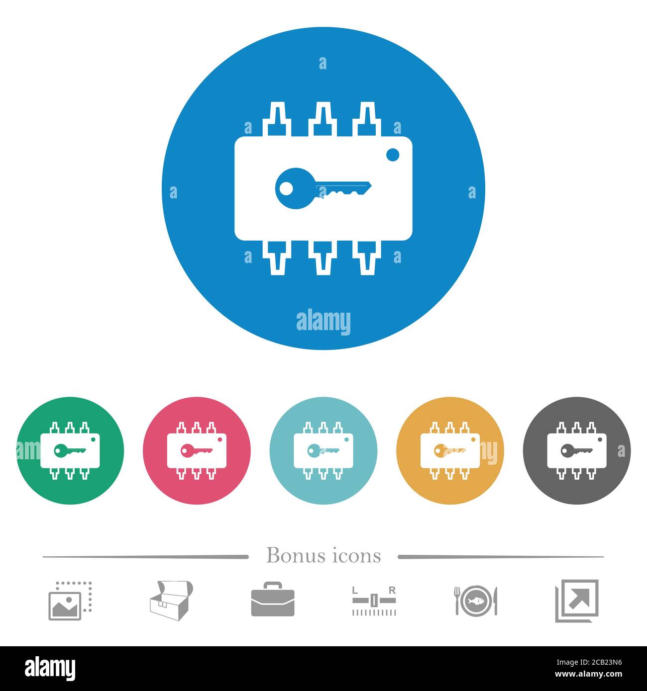 Hardware security flat white icons on round color backgrounds. 6 bonus ...