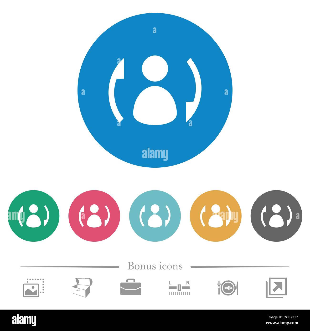 Syncronize contacts flat white icons on round color backgrounds. 6 bonus icons included Stock ...