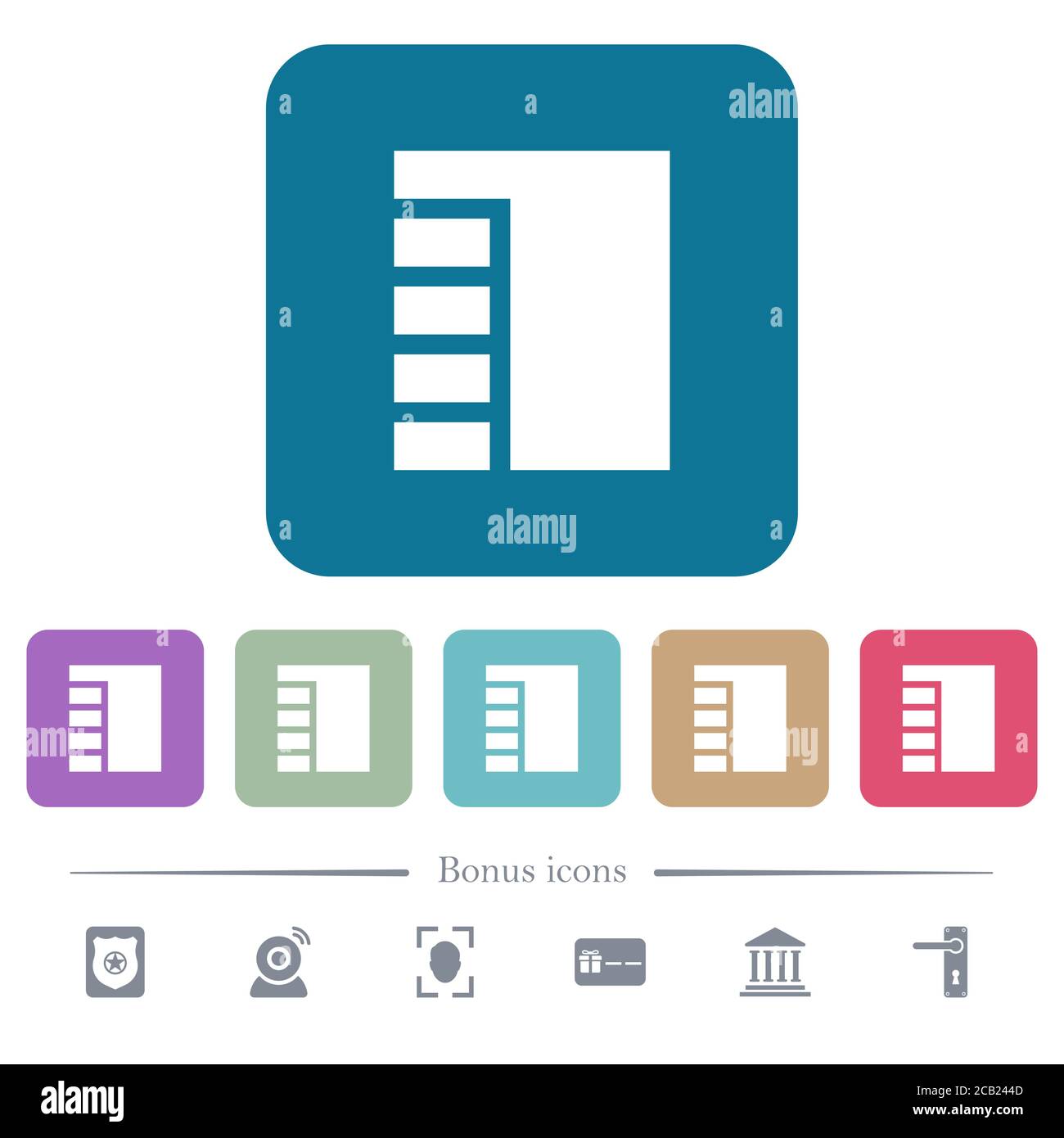 Vertical tabbed layout active white flat icons on color rounded square backgrounds. 6 bonus ...