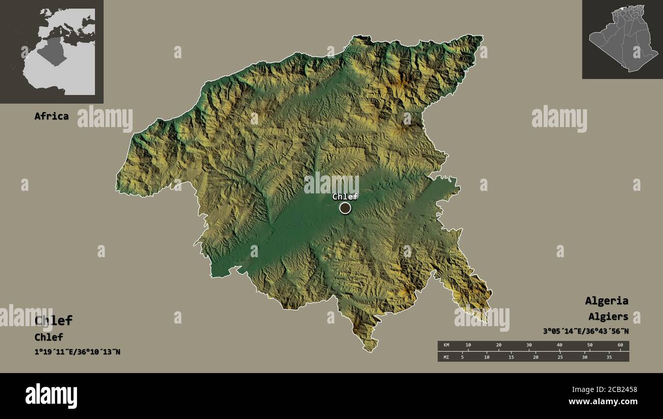 Shape of Chlef, province of Algeria, and its capital. Distance scale ...
