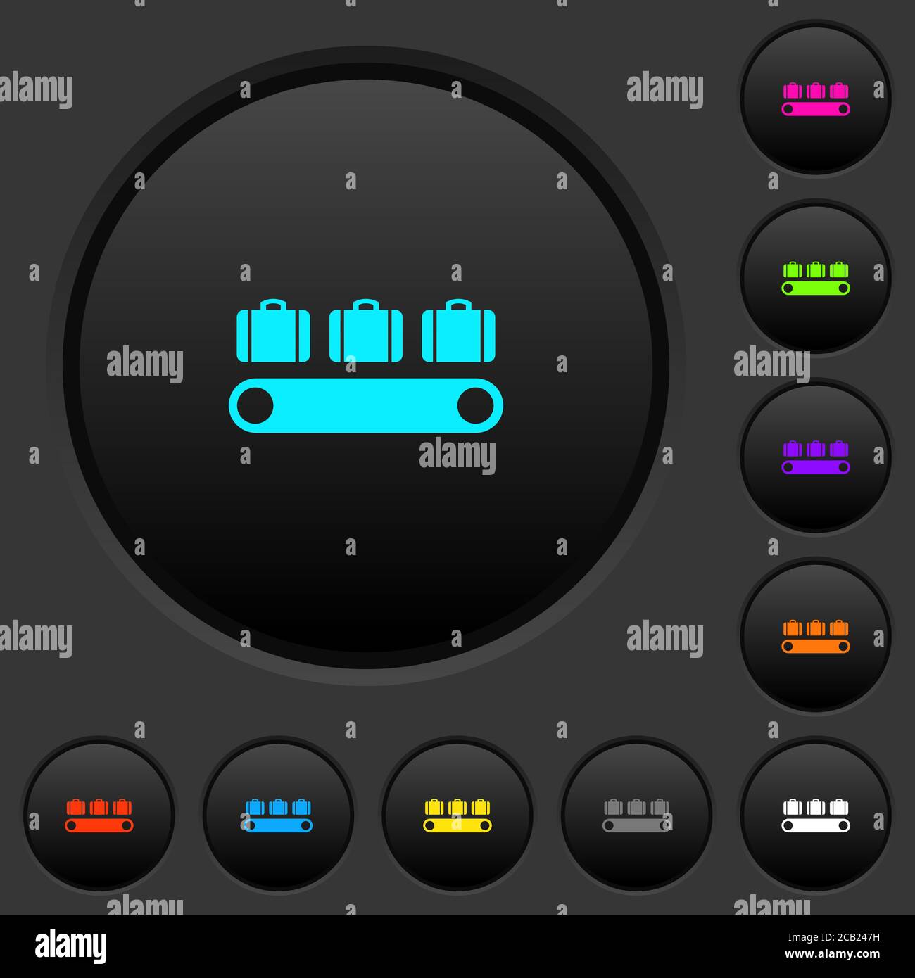 Luggage conveyor dark push buttons with vivid color icons on dark grey ...