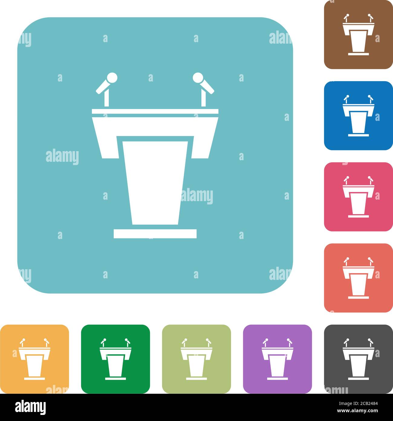 Conference podium with microphones white flat icons on color rounded ...