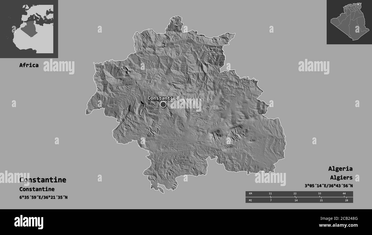 Shape of Constantine, province of Algeria, and its capital. Distance ...