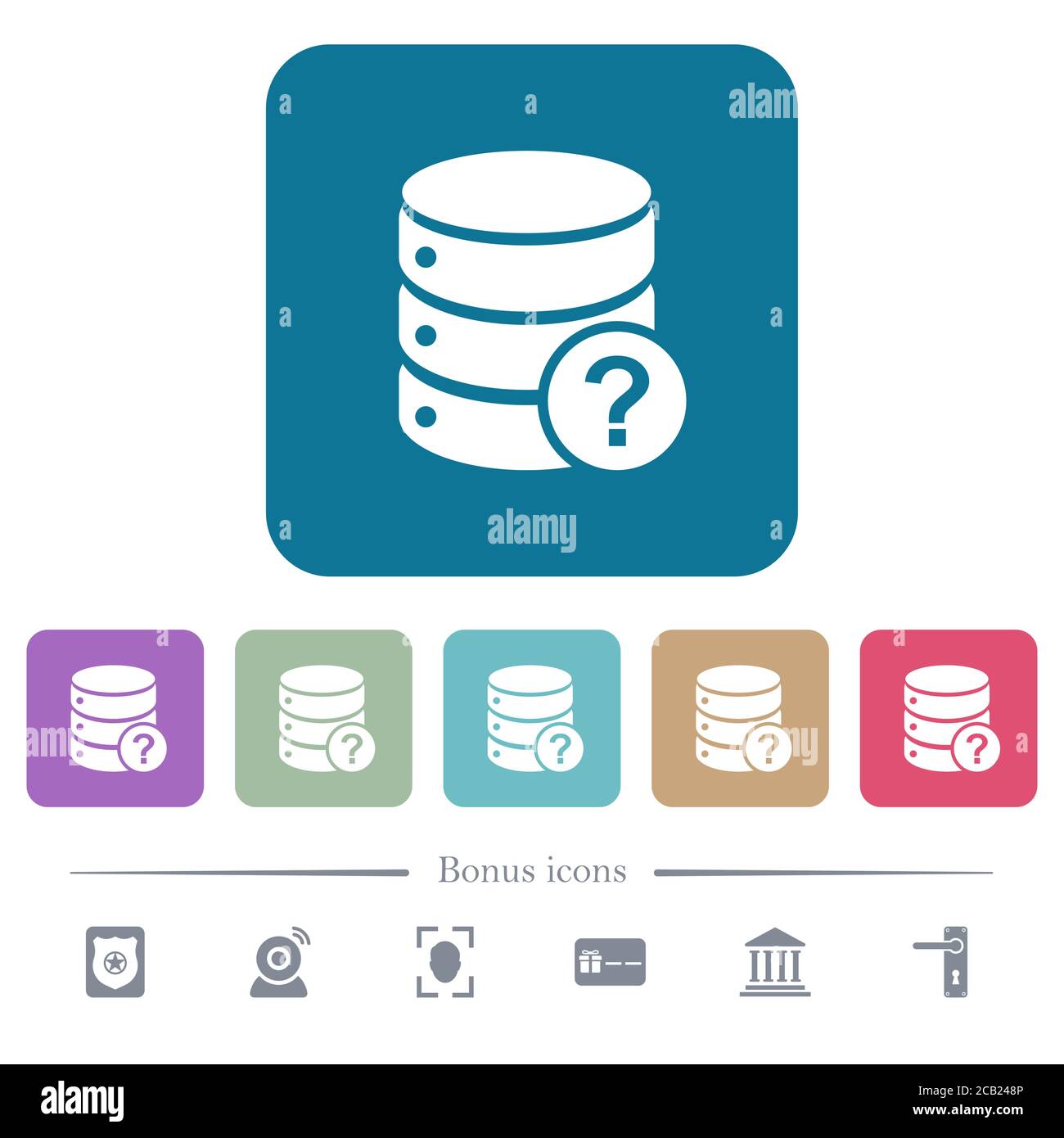 Database query white flat icons on color rounded square backgrounds. 6 ...