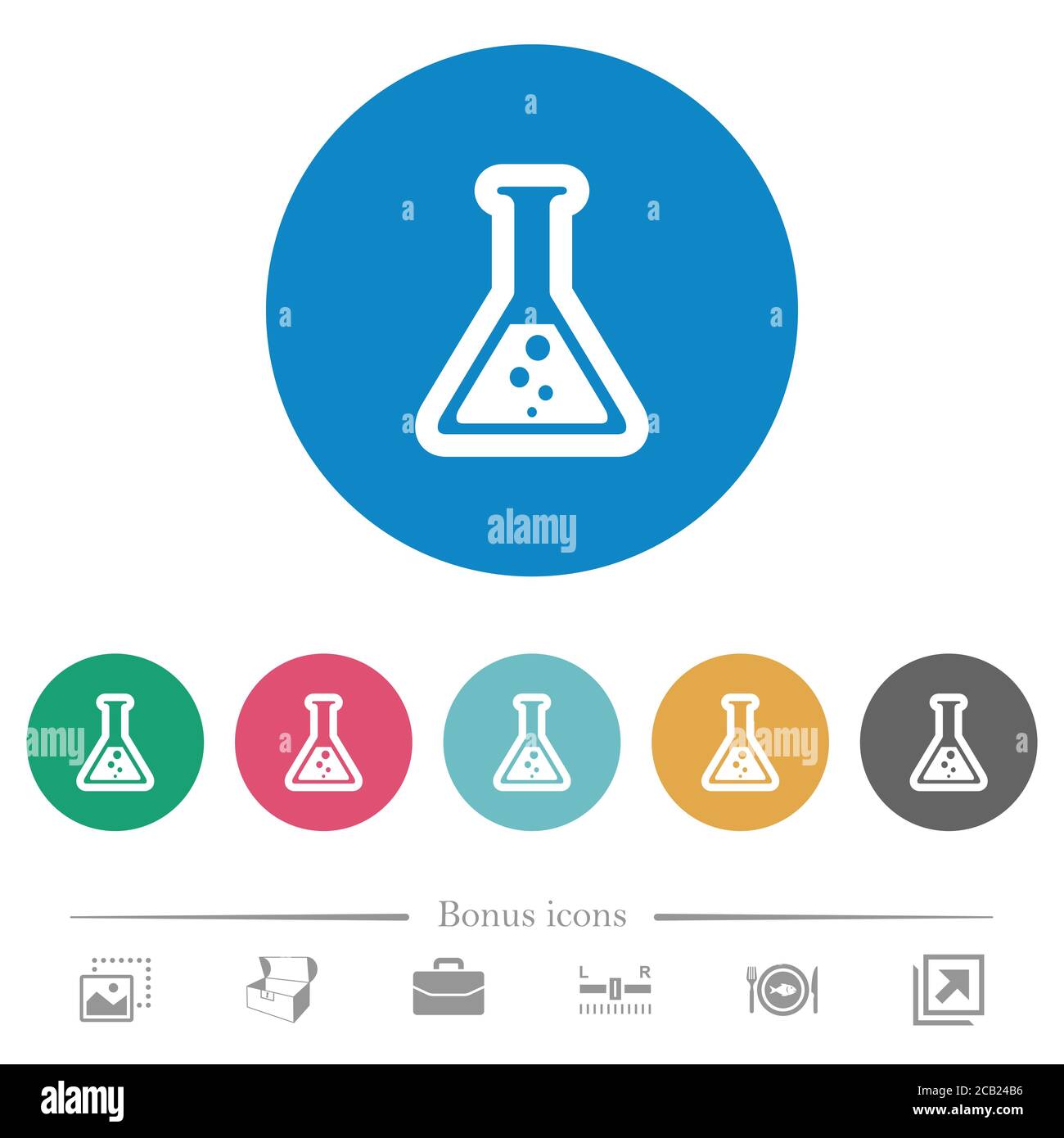 Flask with liquid flat white icons on round color backgrounds. 6 bonus ...