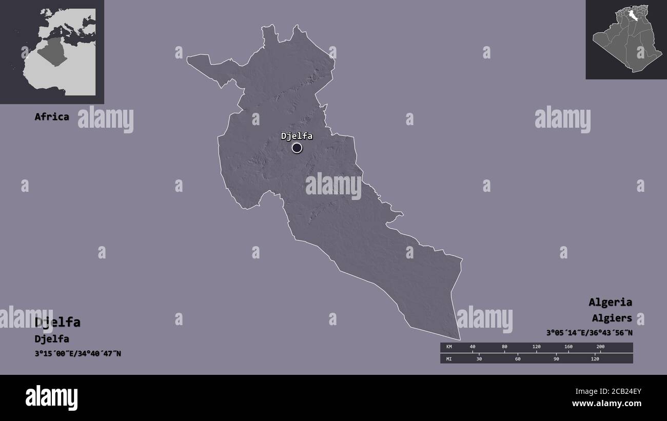 Shape of Djelfa, province of Algeria, and its capital. Distance scale ...