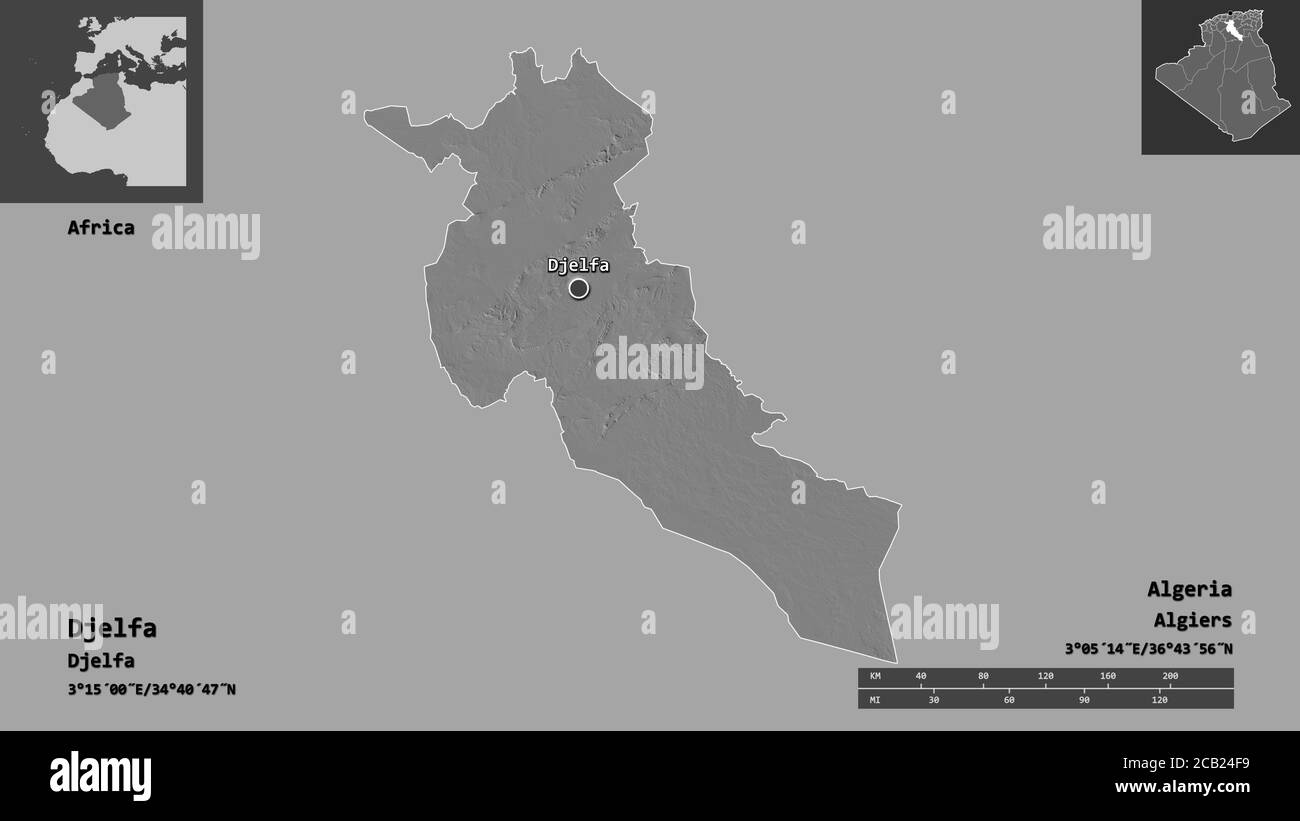 Shape of Djelfa, province of Algeria, and its capital. Distance scale ...