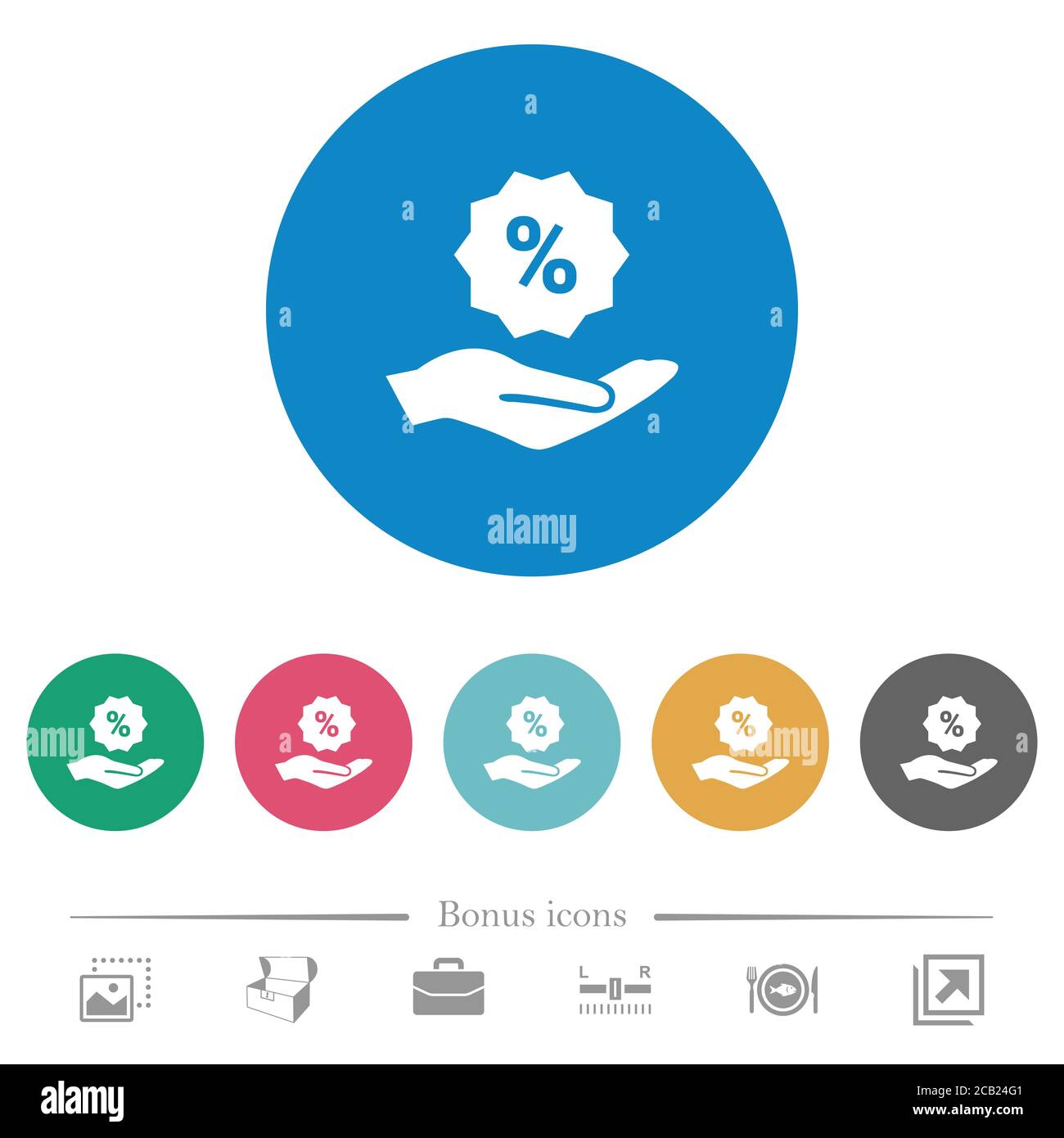 Discount services flat white icons on round color backgrounds. 6 bonus ...