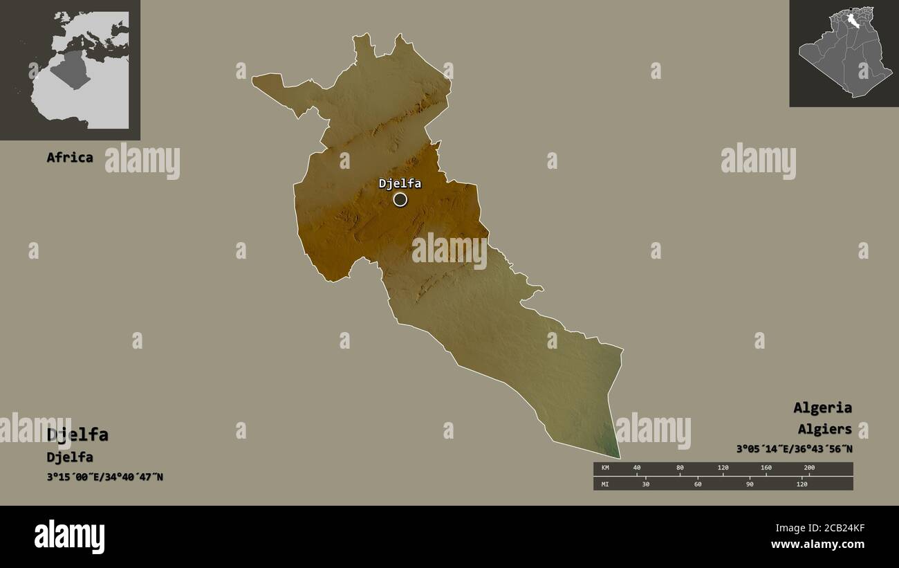 Shape of Djelfa, province of Algeria, and its capital. Distance scale ...