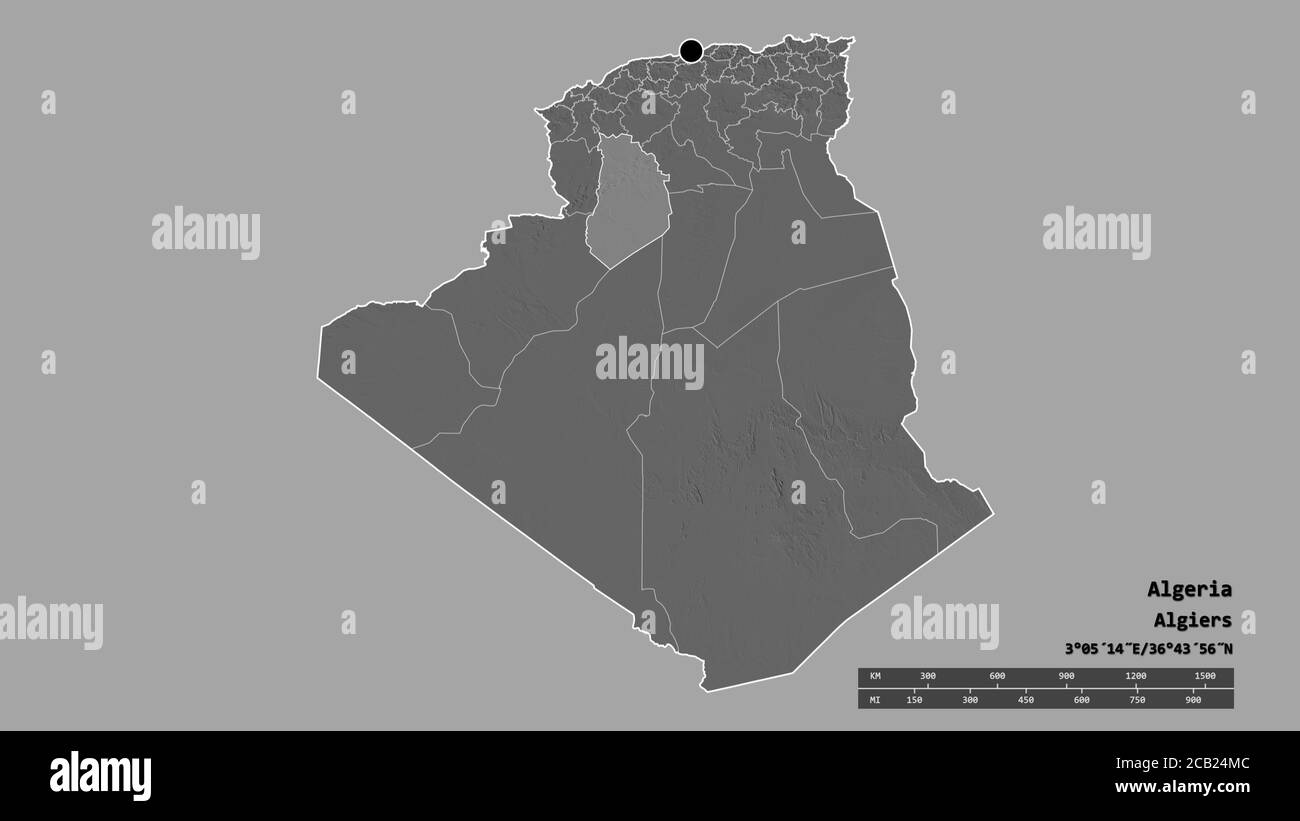 Desaturated shape of Algeria with its capital, main regional division ...