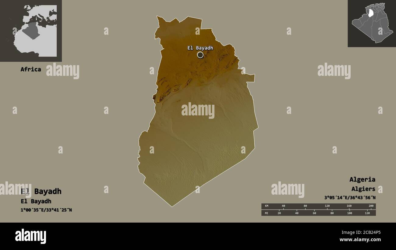 Shape of El Bayadh, province of Algeria, and its capital. Distance ...