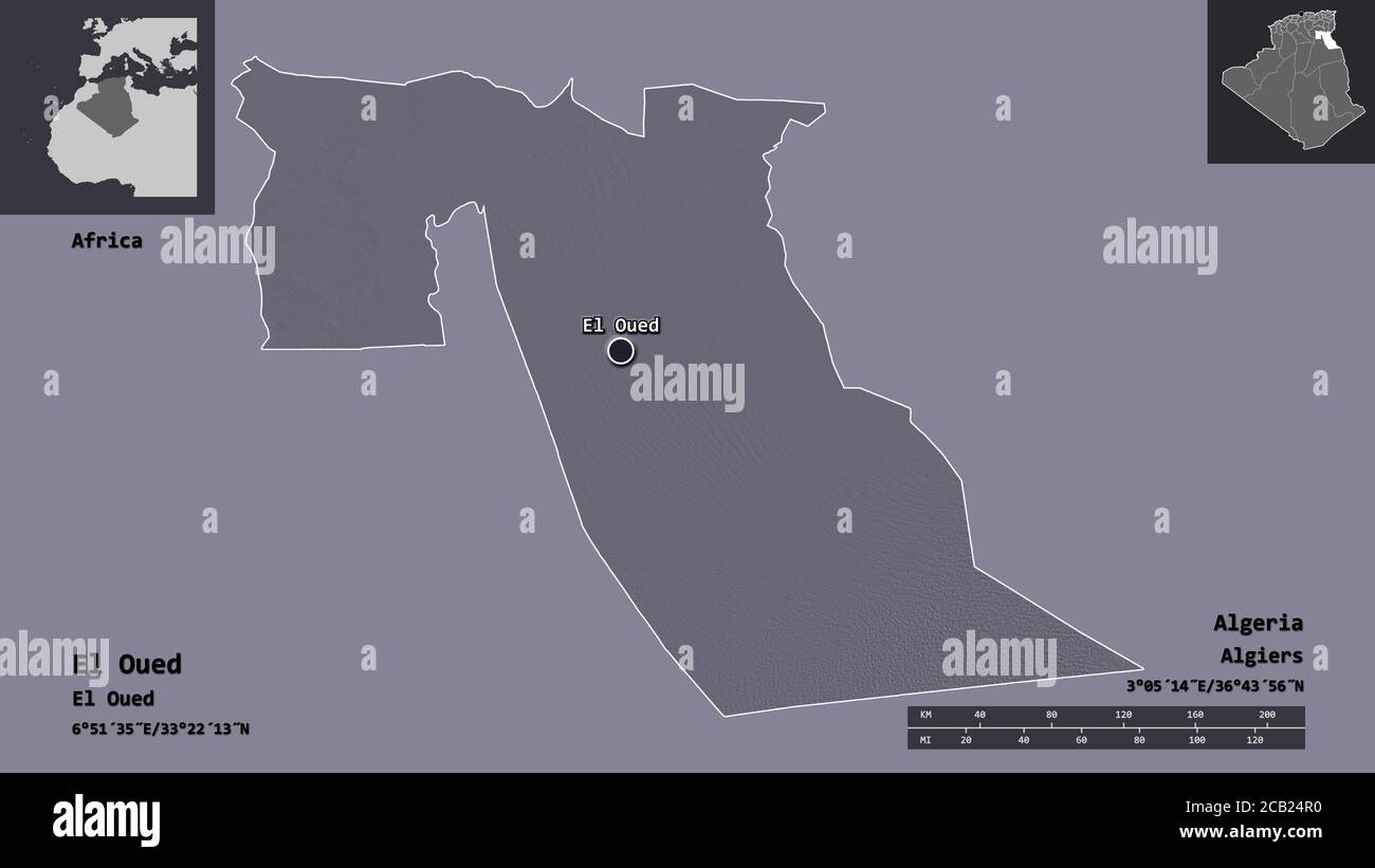 Shape of El Oued, province of Algeria, and its capital. Distance scale ...