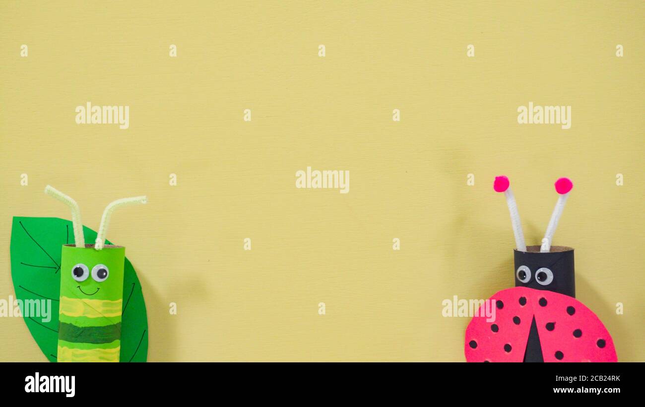 Flat lay. Papercraft project. Colorful bugs made out of empty toilet ...