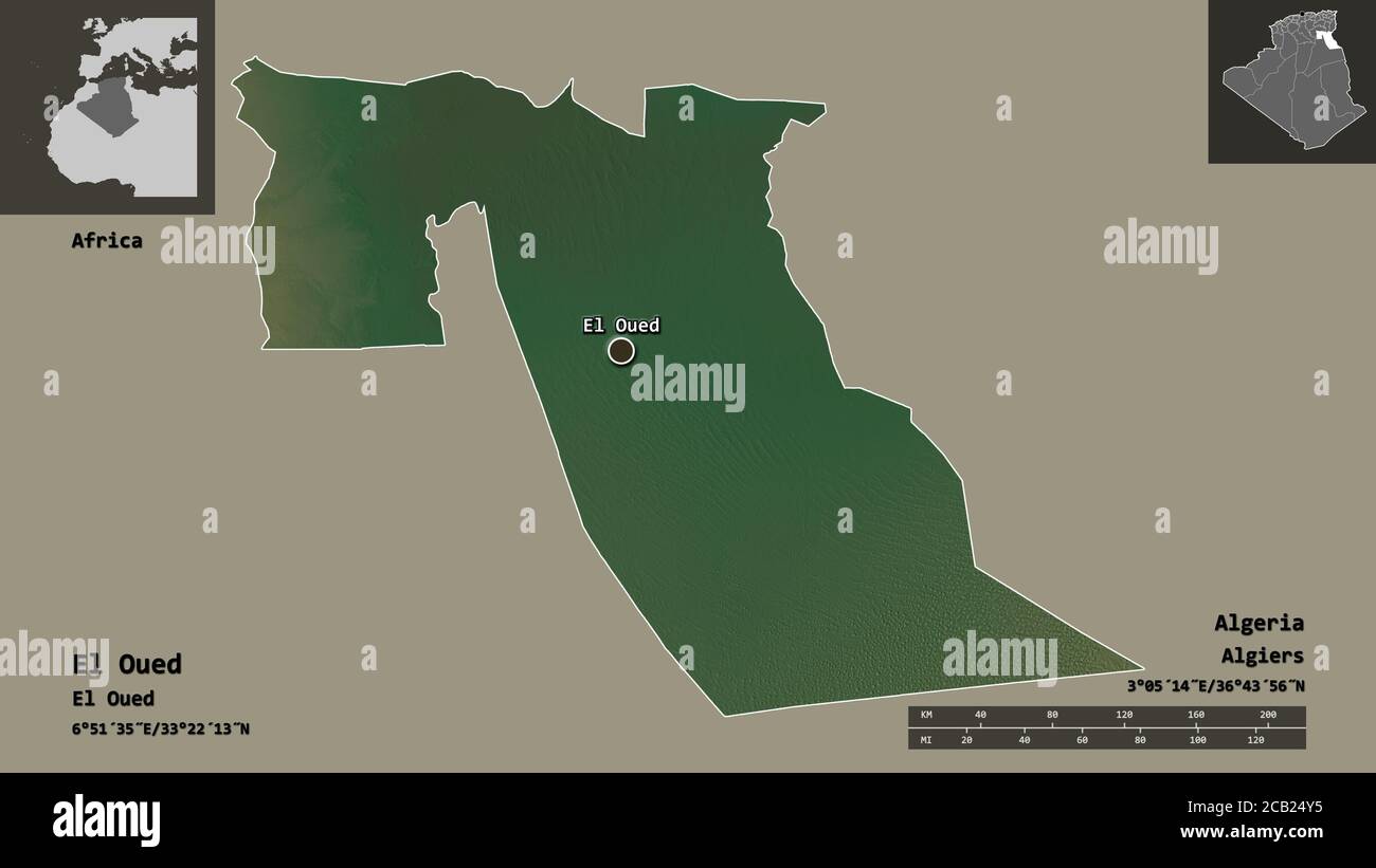 Shape of El Oued, province of Algeria, and its capital. Distance scale ...
