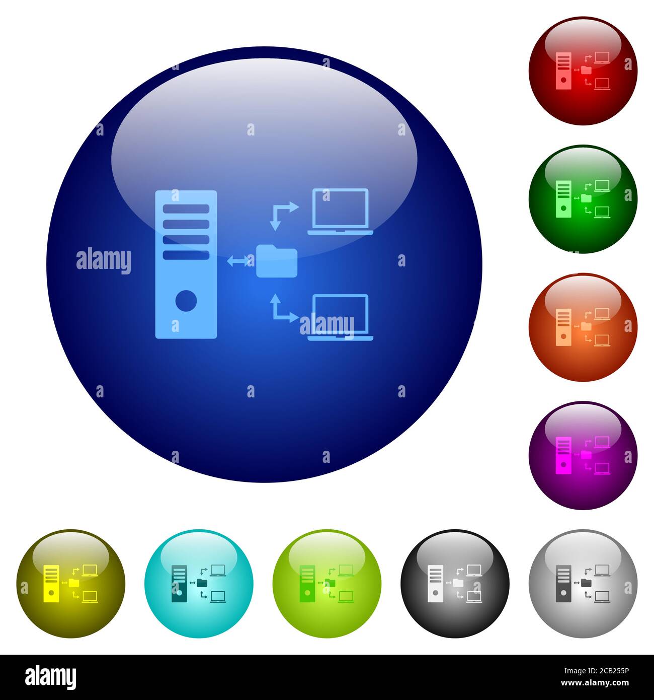 Network file system with server icons on round color glass buttons ...