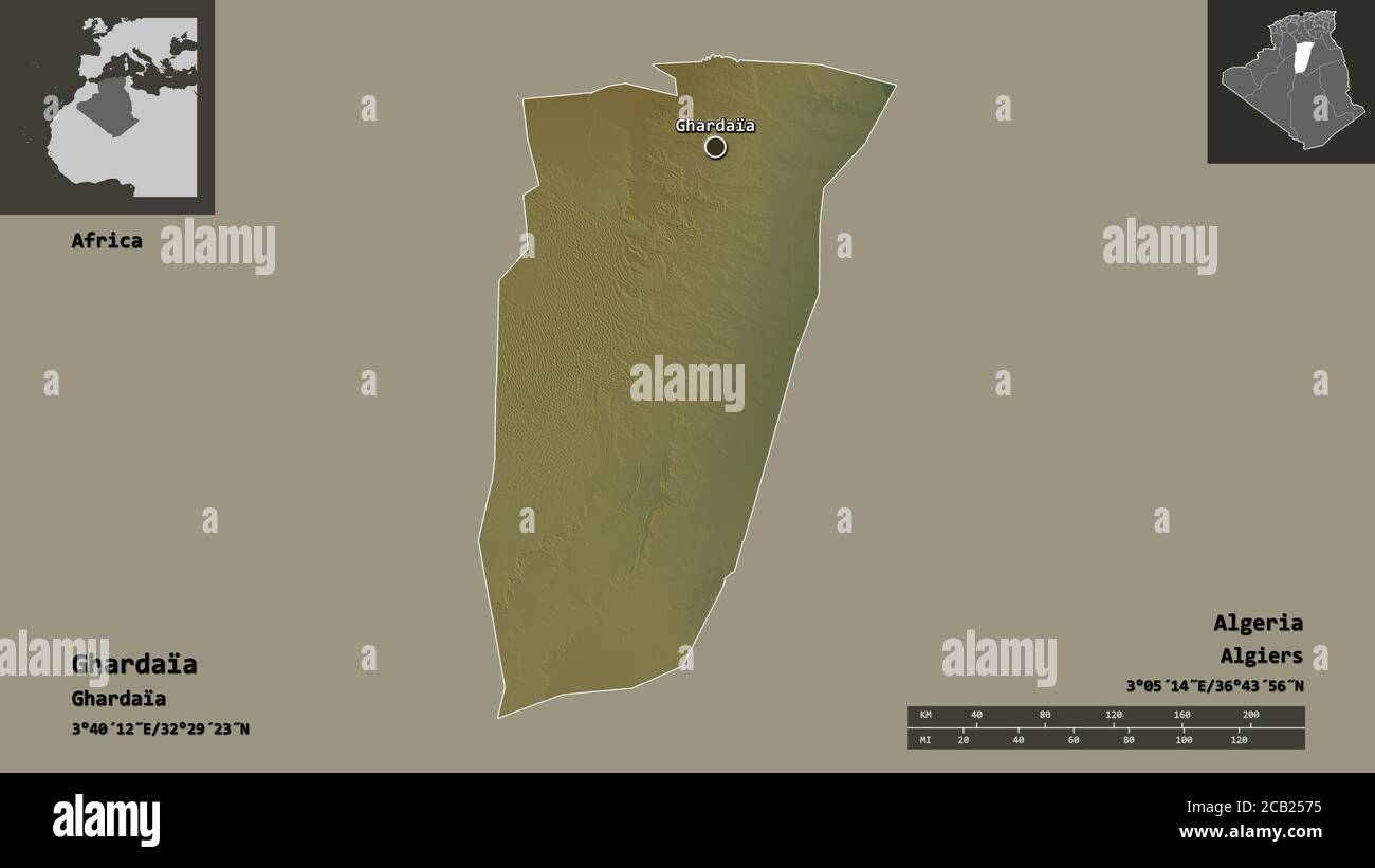 Shape of Ghardaïa, province of Algeria, and its capital. Distance scale ...
