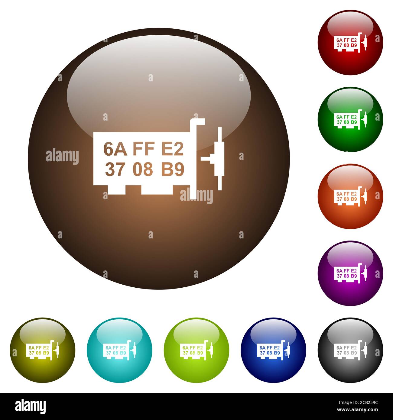 Network mac address white icons on round color glass buttons Stock ...