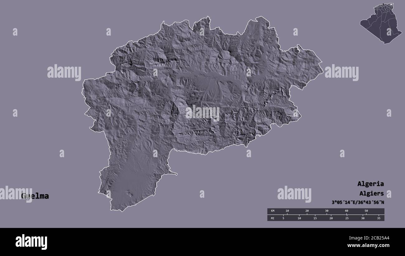 Shape of Guelma, province of Algeria, with its capital isolated on ...