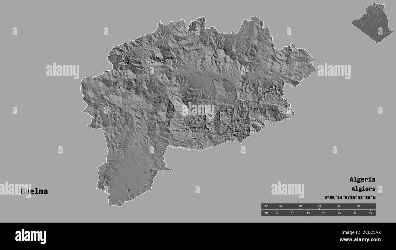 Shape of Guelma, province of Algeria, with its capital isolated on ...