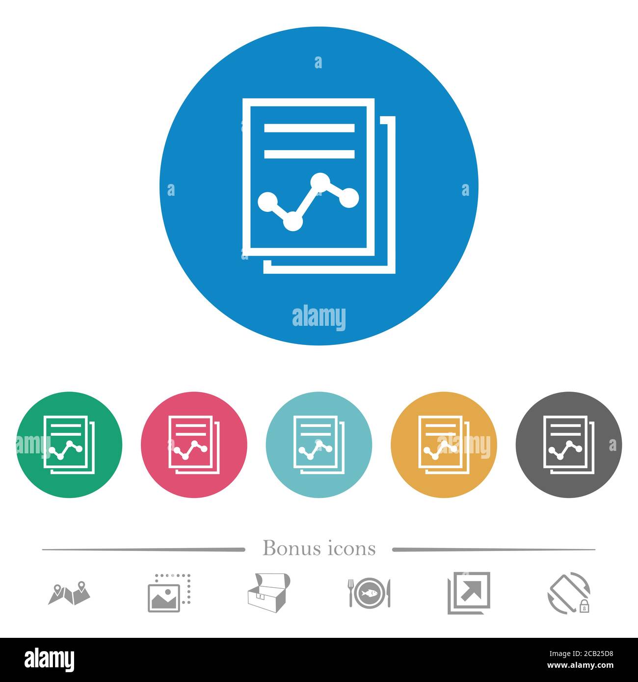 Report with graph flat white icons on round color backgrounds. 6 bonus ...