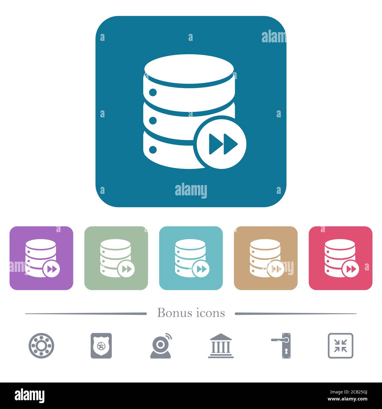 Database macro fast forward white flat icons on color rounded square ...
