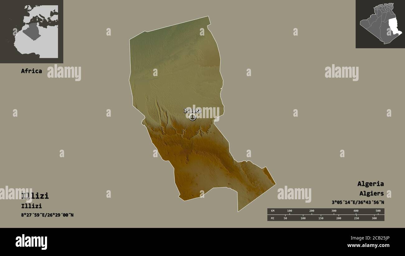Shape of Illizi, province of Algeria, and its capital. Distance scale ...