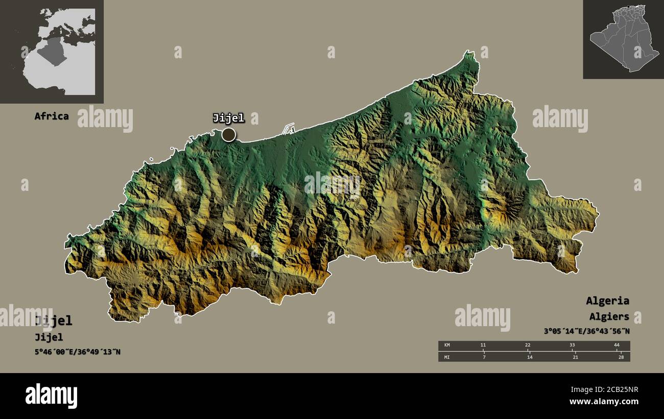 Shape of Jijel, province of Algeria, and its capital. Distance scale ...