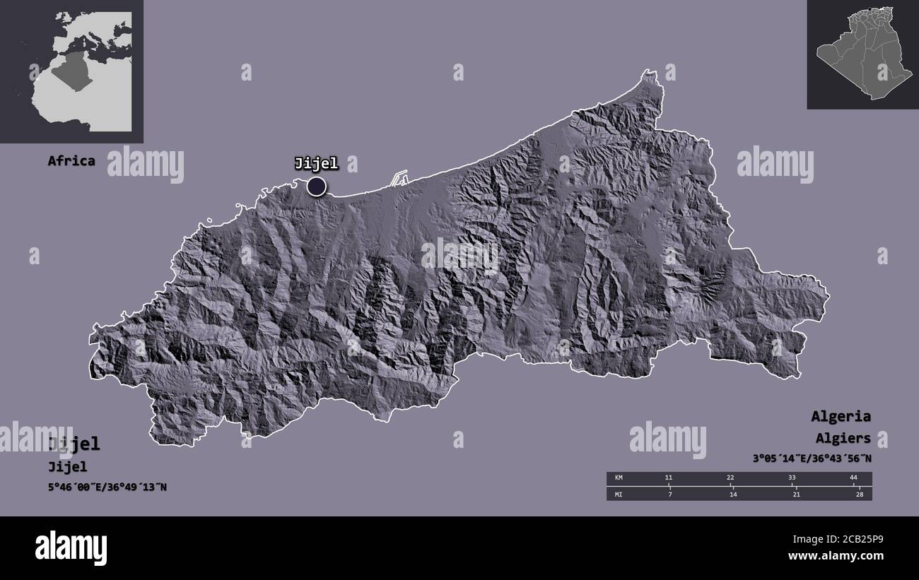 Shape of Jijel, province of Algeria, and its capital. Distance scale ...