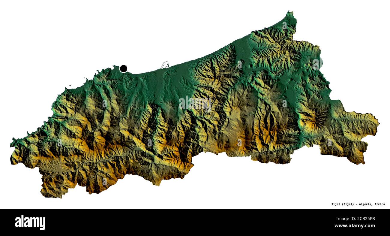 Shape of Jijel, province of Algeria, with its capital isolated on white ...