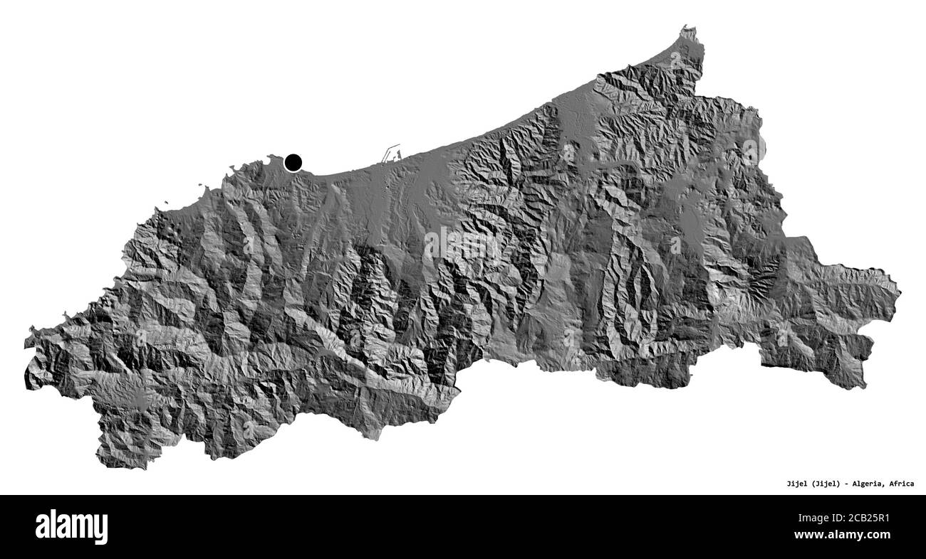 Shape of Jijel, province of Algeria, with its capital isolated on white ...