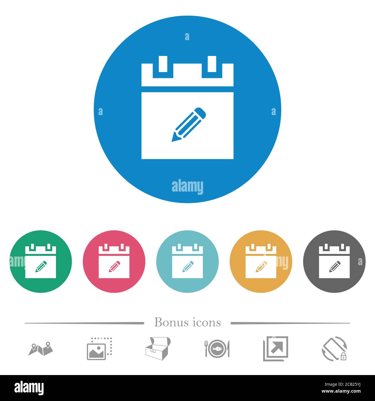 Edit schedule item flat white icons on round color backgrounds. 6 bonus ...