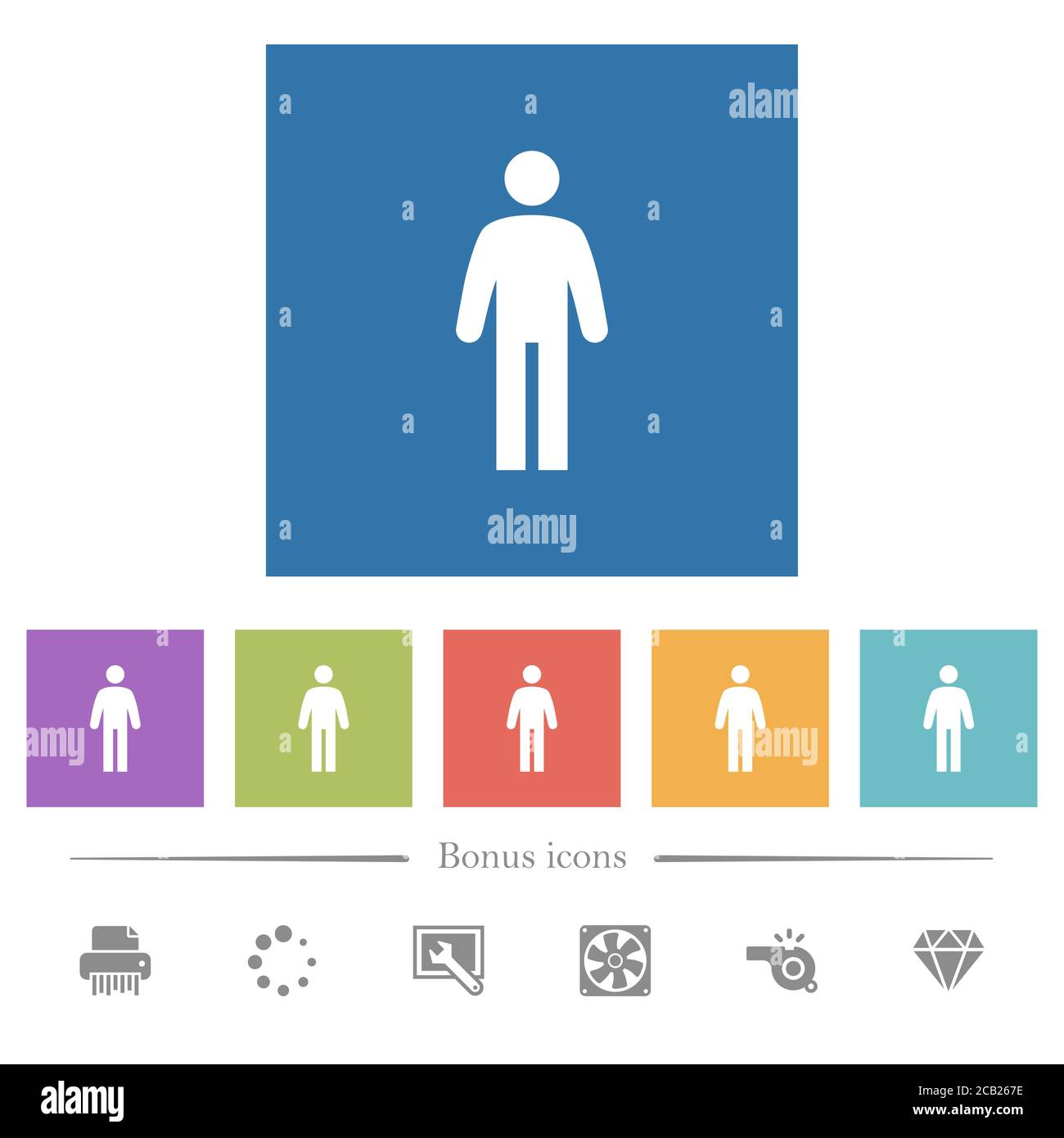 Standing man flat white icons in square backgrounds. 6 bonus icons ...