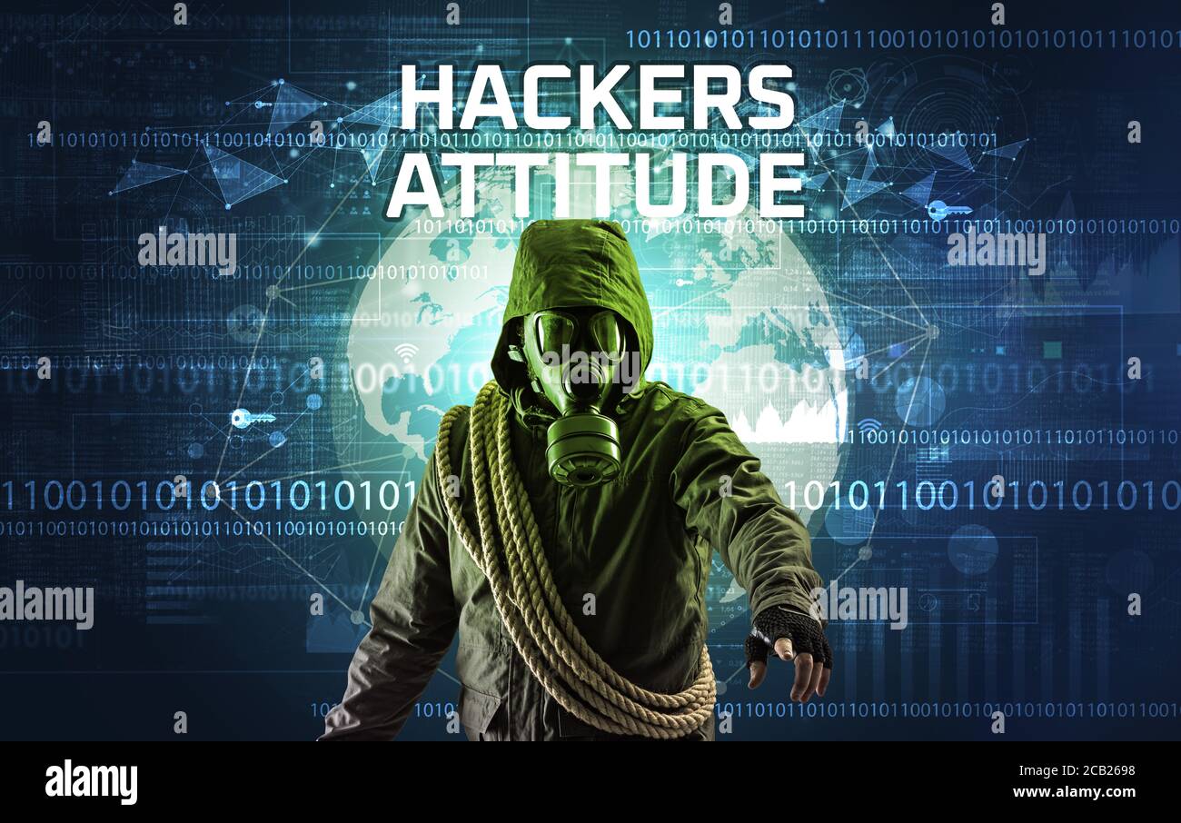 Faceless hacker at work with HACKERS ATTITUDE inscription, Computer ...