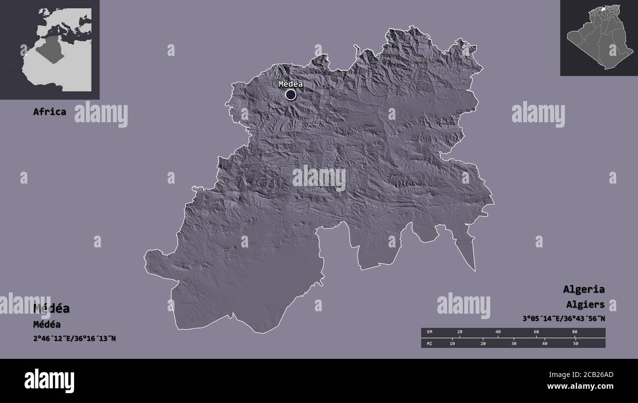 Shape of Médéa, province of Algeria, and its capital. Distance scale ...